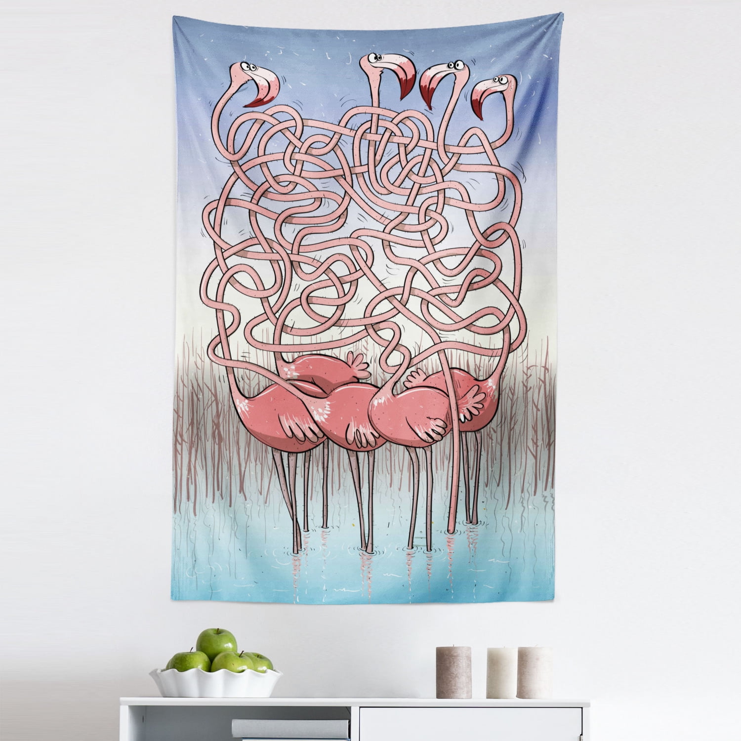 Fun Tapestry, 5 Flamingos Maze Game Joyful Animal Cartoon Reed Bed ...