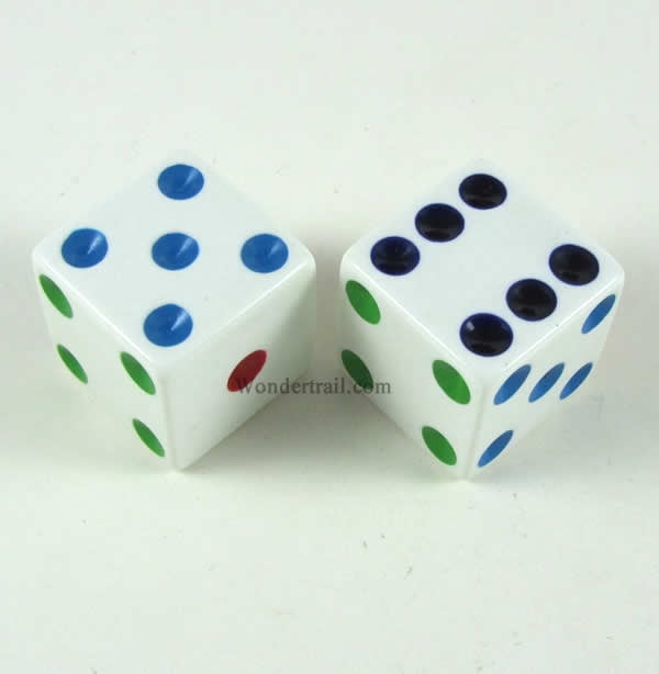 White Opaque Dice with Different Colored Pips D6 25mm (1in) Pack of 2 ...