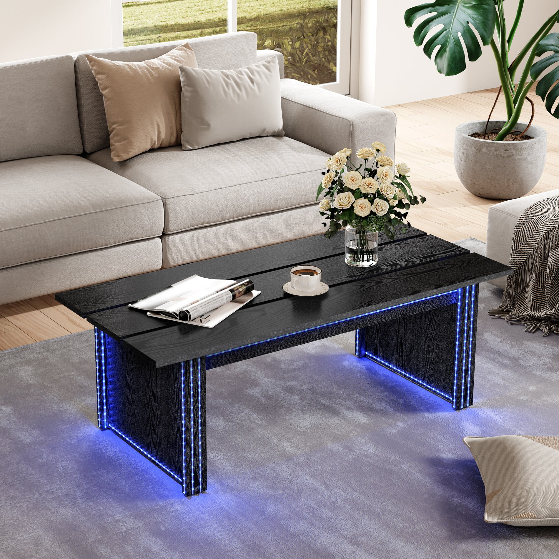 WAMPAT Farmhouse LED Coffee Table, Cocktail Table with Large Storage ...