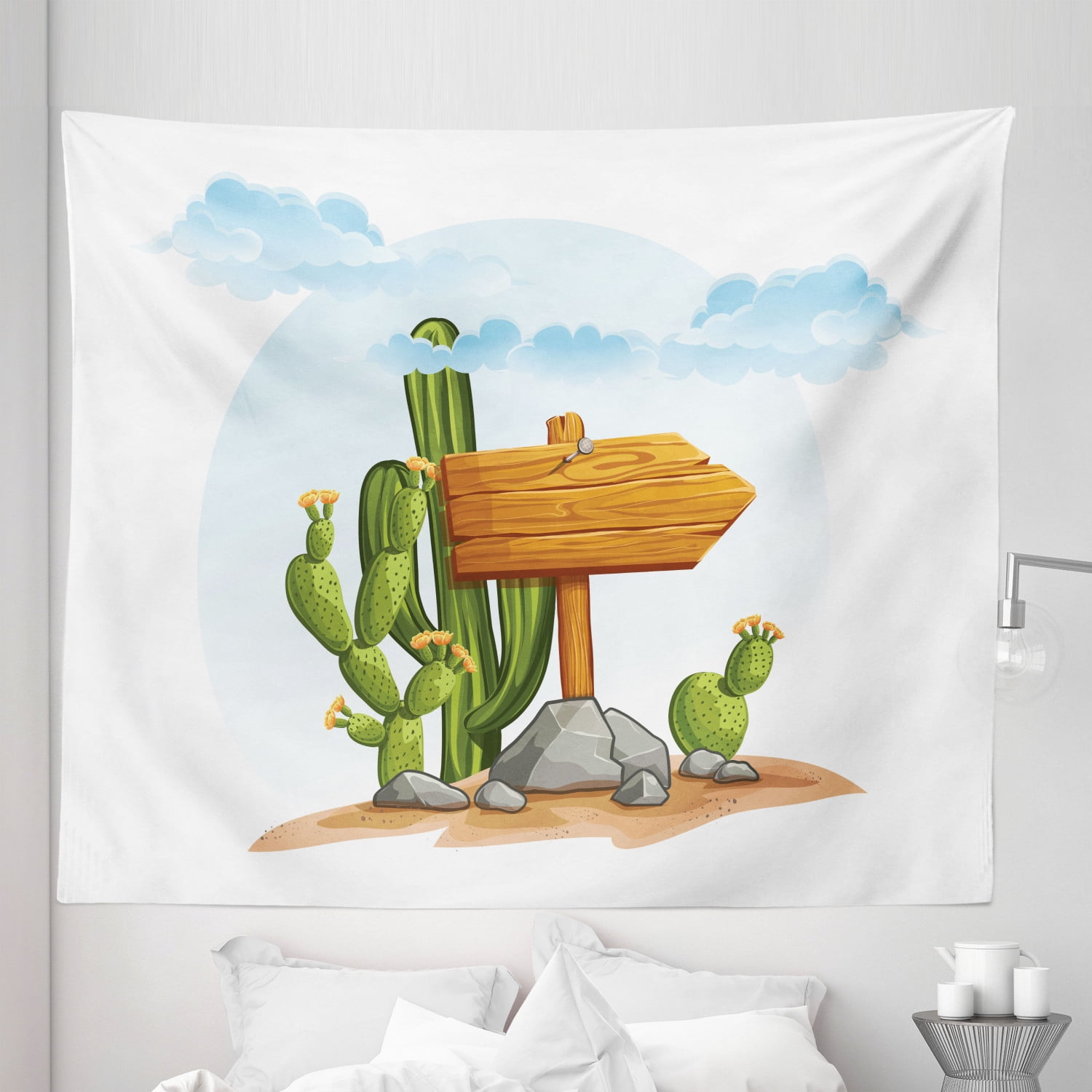 Cactus Tapestry, Cartoon Style Arid Country Plants with Blooming ...