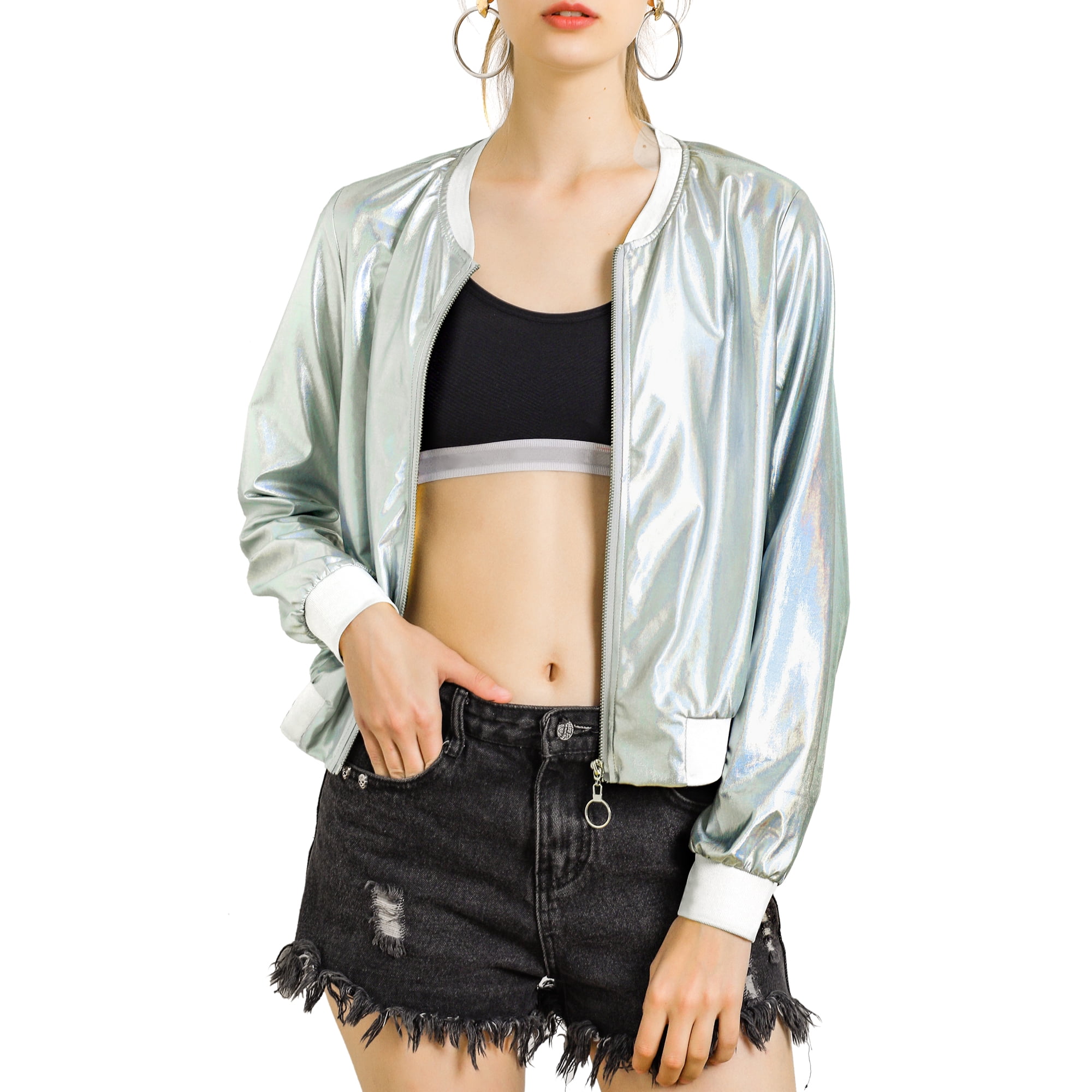 Click here for Inspire Chic Womens Casual Stand Collar Metallic Z... prices