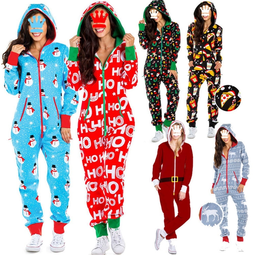Women's Christmas One Piece Pajamas with Hood, Santa Pattern Adult Cozy ...