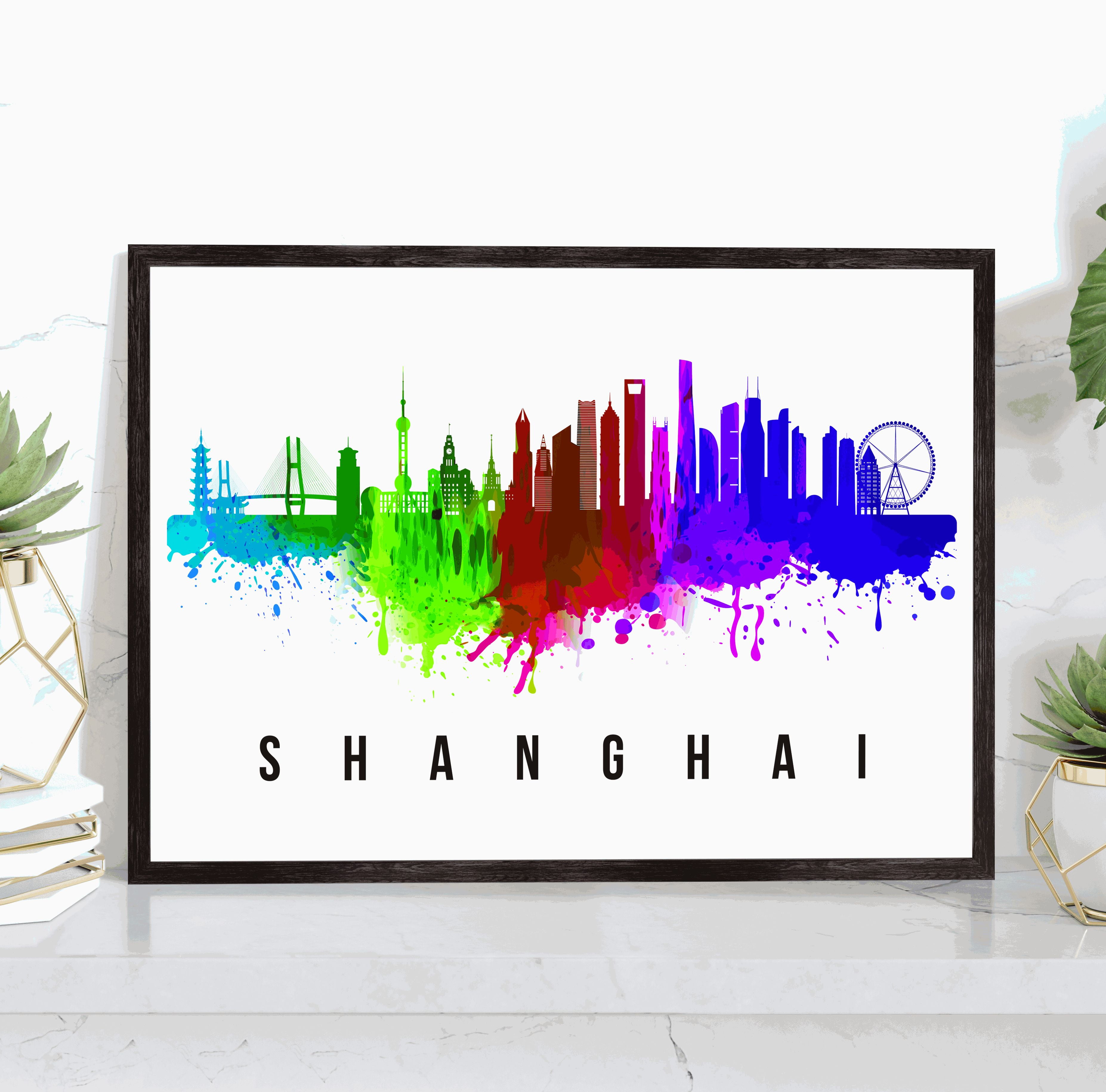 Pera Print Shanghai Skyline China Poster, Shanghai Cityscape Painting ...