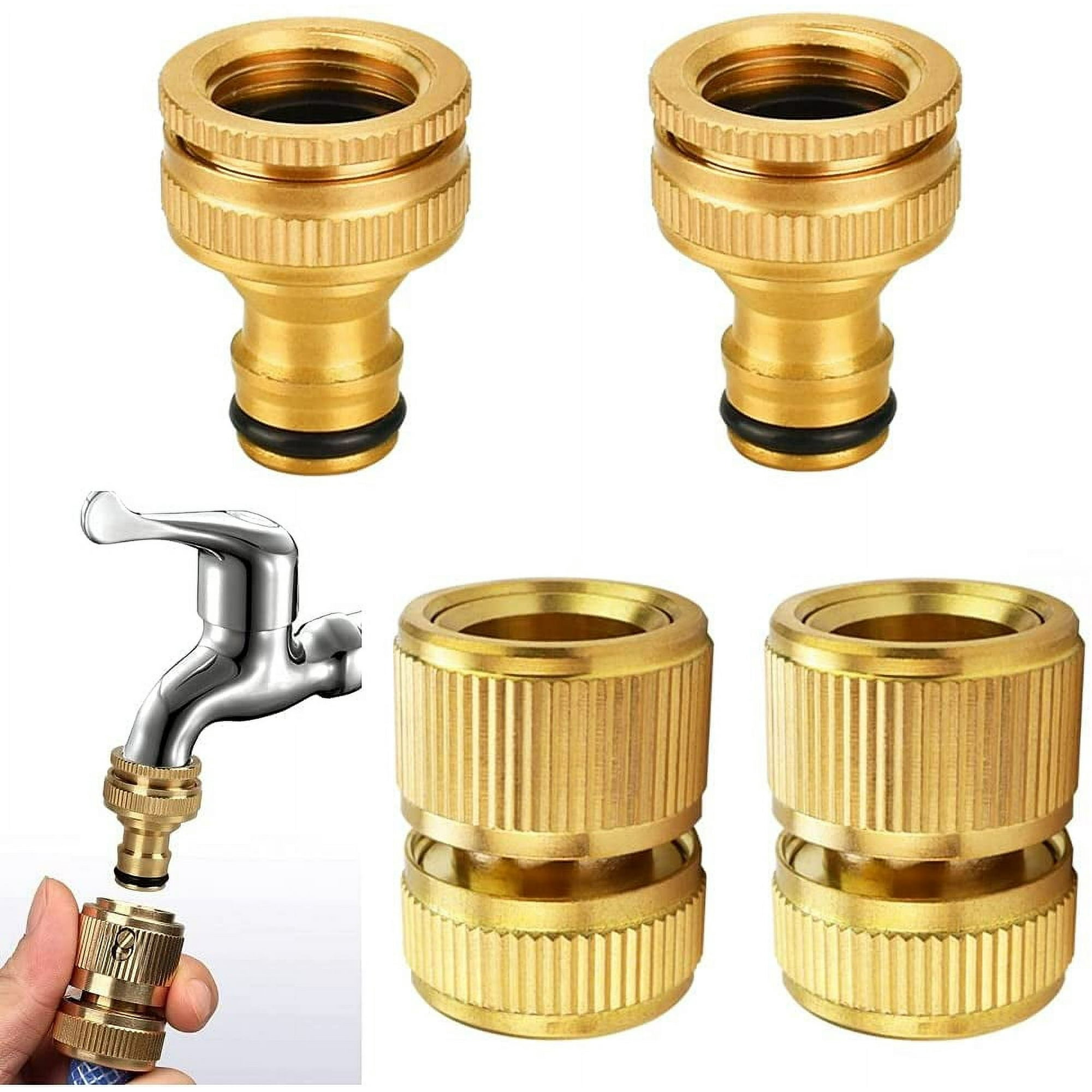 Funavi Quick-Connect For 1/2 & 3/4 Threads  Ideal For Faucet & Hose Fitting 4-Piece Brass Garden Hose Connector Set 3.8 X 2.8