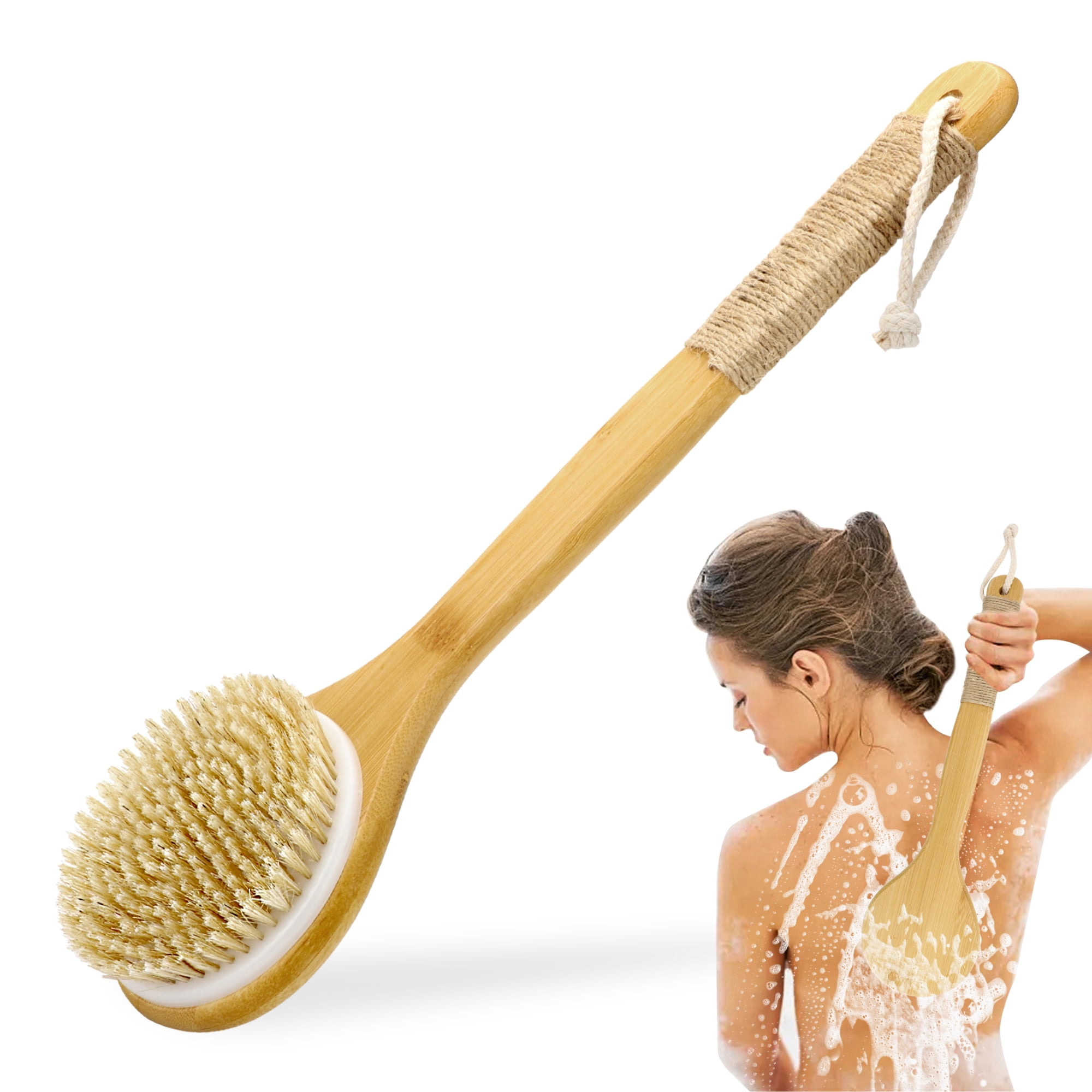 EEEkit Long Wooden Handle Bath Brush, 15.7'' Soft Bristles Shower Back ...