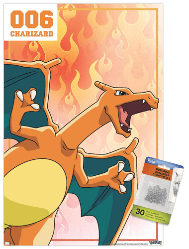 Pokémon - Charizard 006 Wall Poster with Push Pins, 14.725" x 22.375 ...