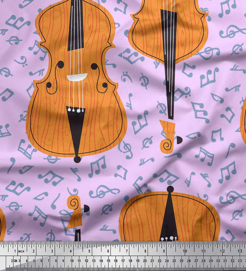 Soimoi Purple polyester Crepe Fabric Notes & Violin Musical Instrument ...