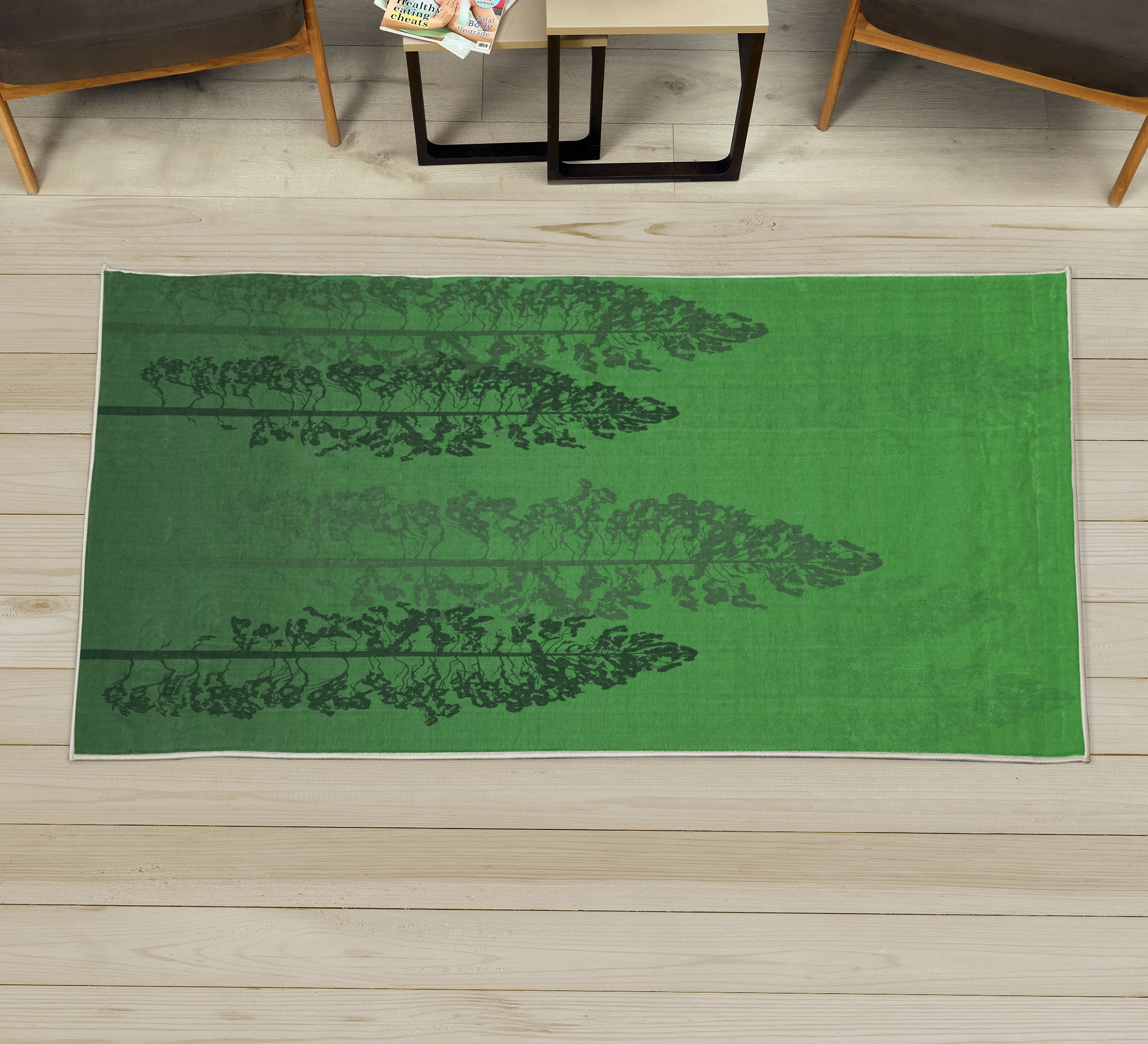 Country Decorative Rug, Pine Trees in the Forest on Foggy Seem Ombre ...