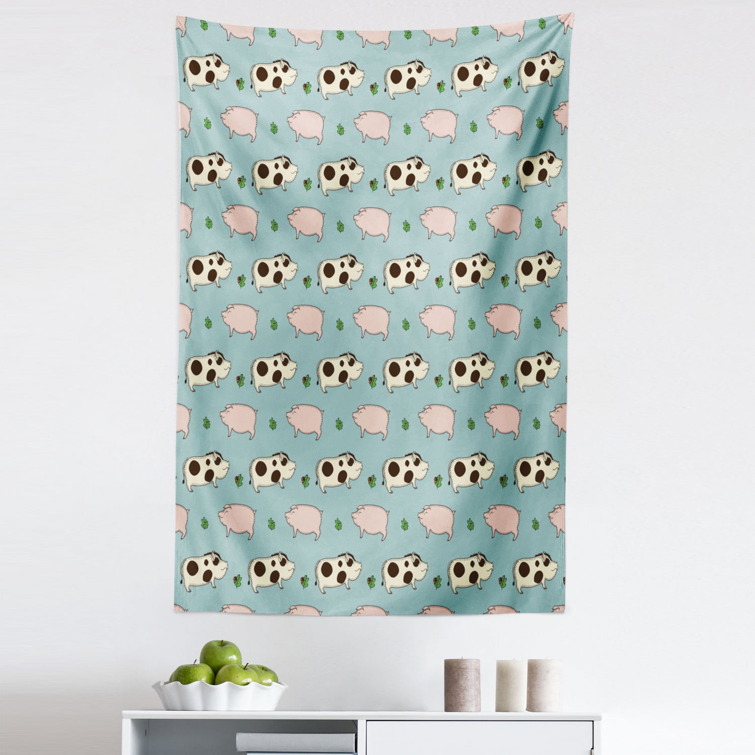 Pig Tapestry, Doodle Pattern with Pig Boar and Oak Twig on Blue ...