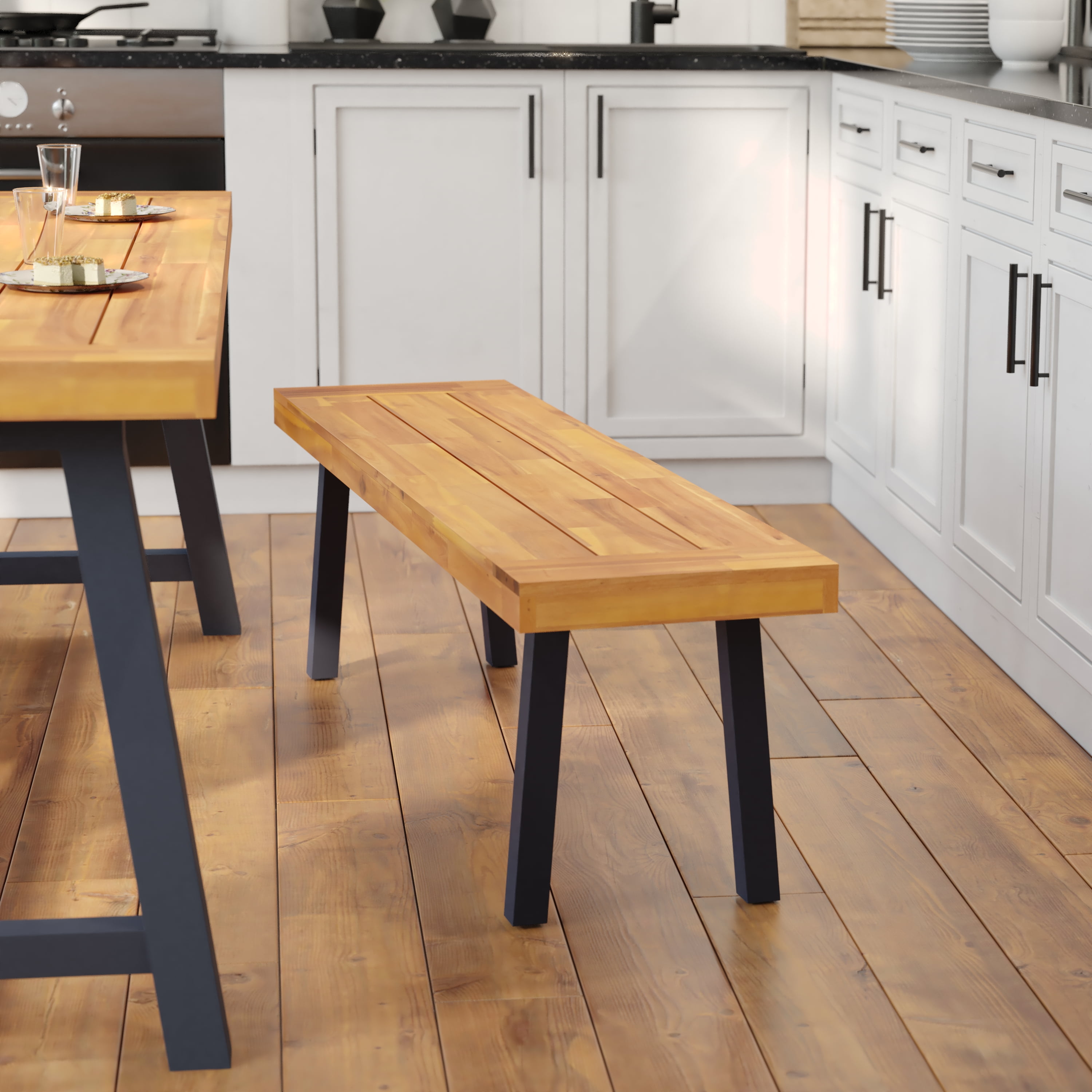 BizChair Solid Acacia Wood Patio Dining Bench for 2 with Slatted Top ...