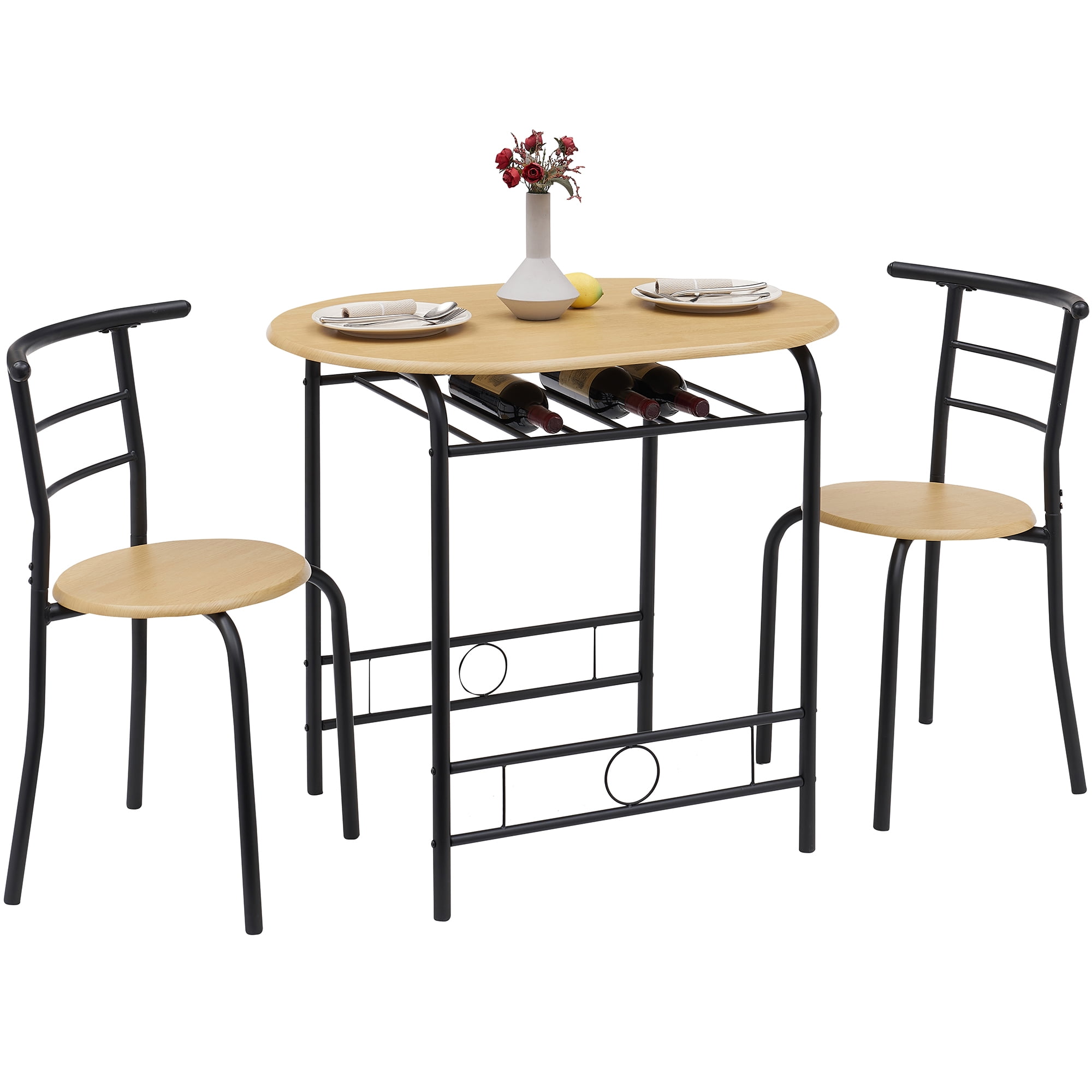 VECELO 3-Piece Dining Set, Wood Round Table and Chairs Set w/ Steel ...