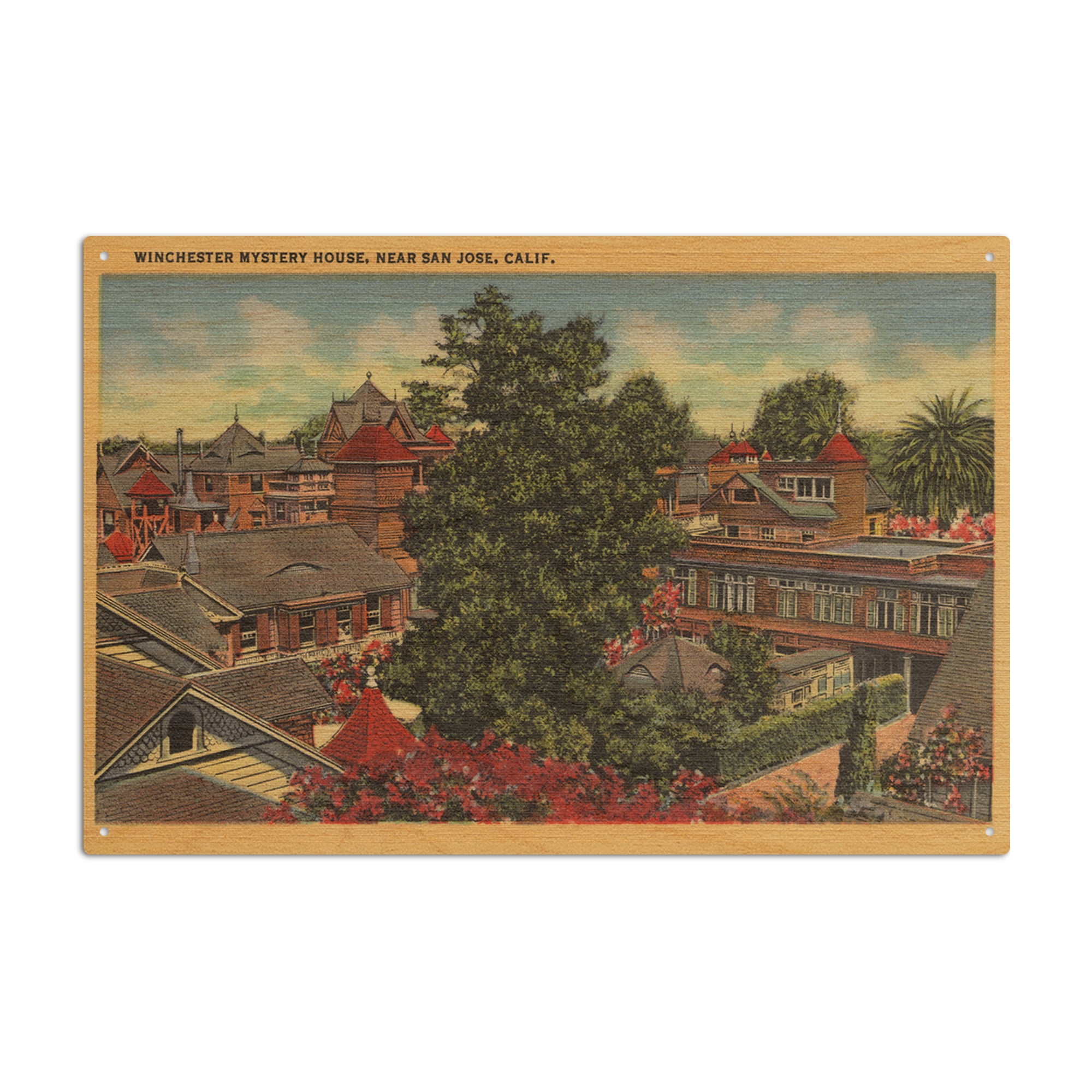 View of Winchester Mystery House Birch Wood Wall Sign (6x9 Rustic Home ...