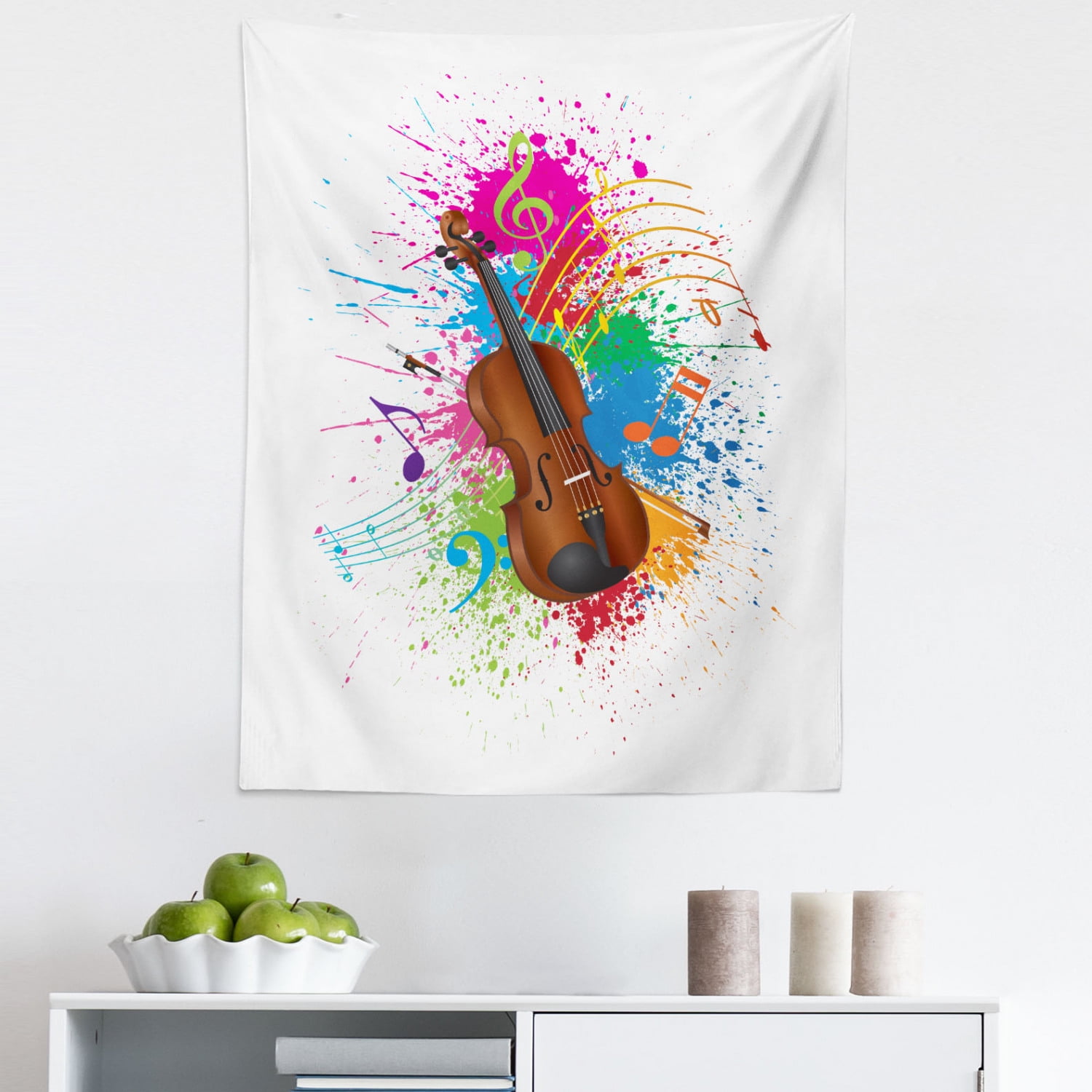 Music Tapestry, Color Splashes Violin Treble Chef Musical Notes Digital ...