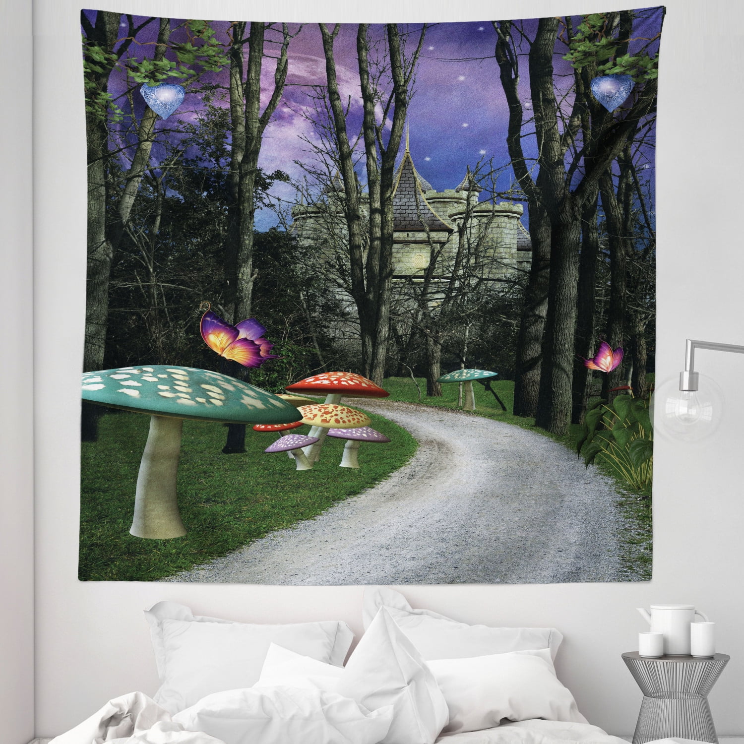 Fantasy Tapestry, Enchanted Forest and Castle with Mushrooms Starry ...