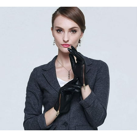 Women's Leather Glove Warme Fleece Lined Side Zipper Elegant Basic ...