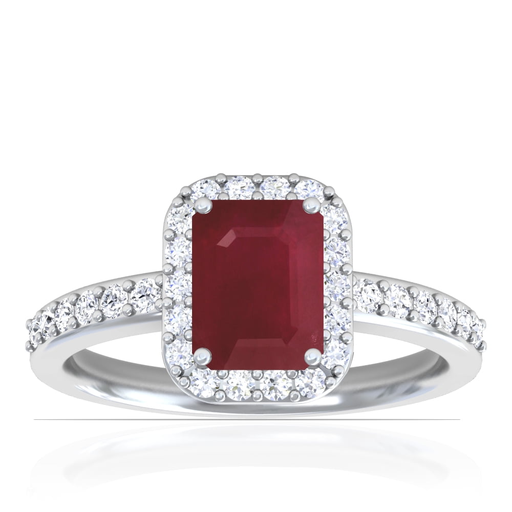 GemsNY July Birthstone - Classic Emerald Cut Prong Set Ruby Halo Ring ...