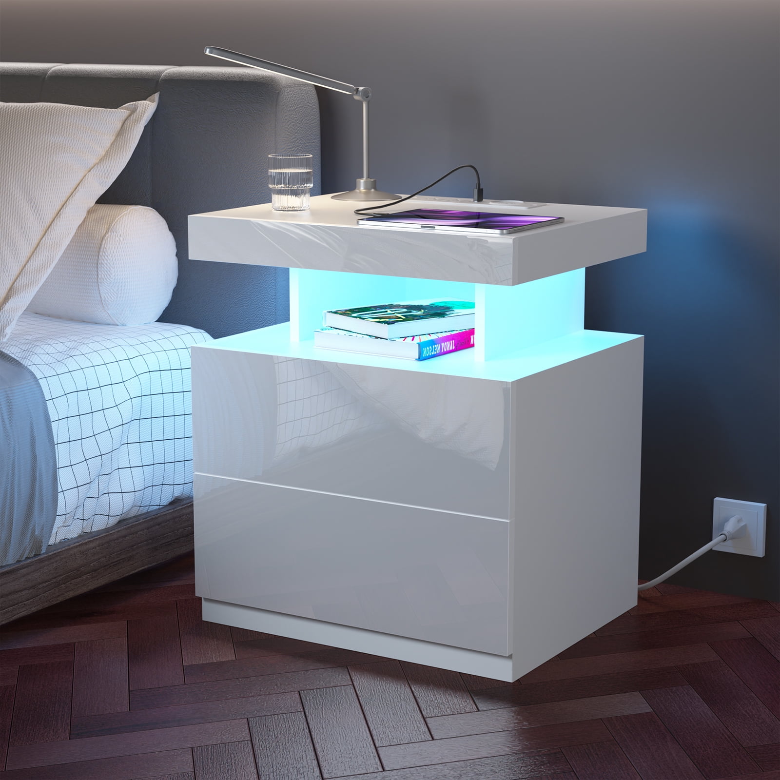 Hommpa Modern LED Nightstand with Charging Station USB Type C 2 Drawer ...