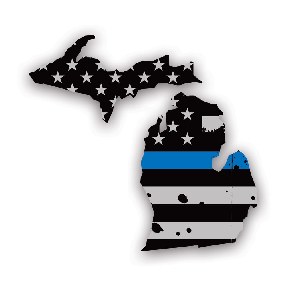 Distressed Michigan State Shaped Subdued US Flag Thin Blue Line Sticker ...