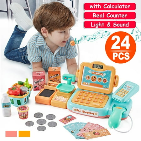 24PCS Kids Supermarket Cash Register Scanner Real Counter with Foods ...