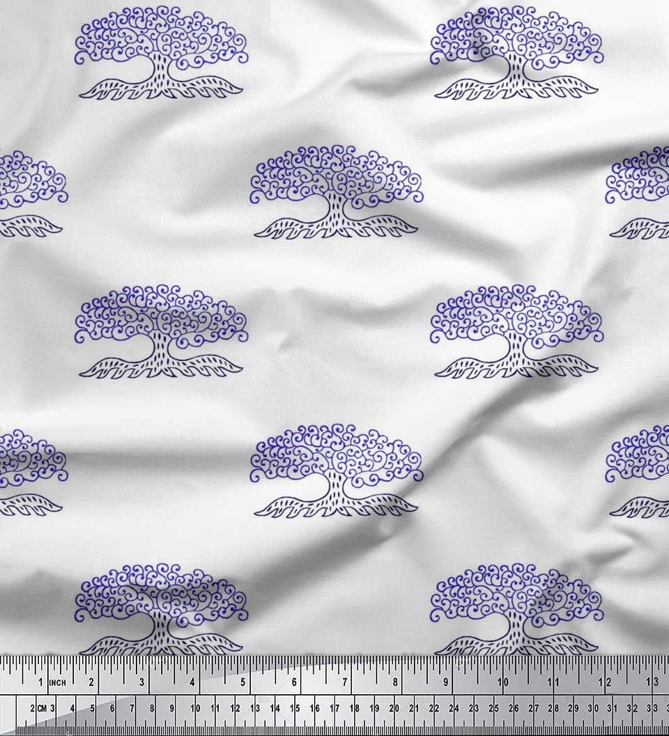 Soimoi Satin Silk Fabric Tree Block Print Fabric by The Yard 42 Inch ...