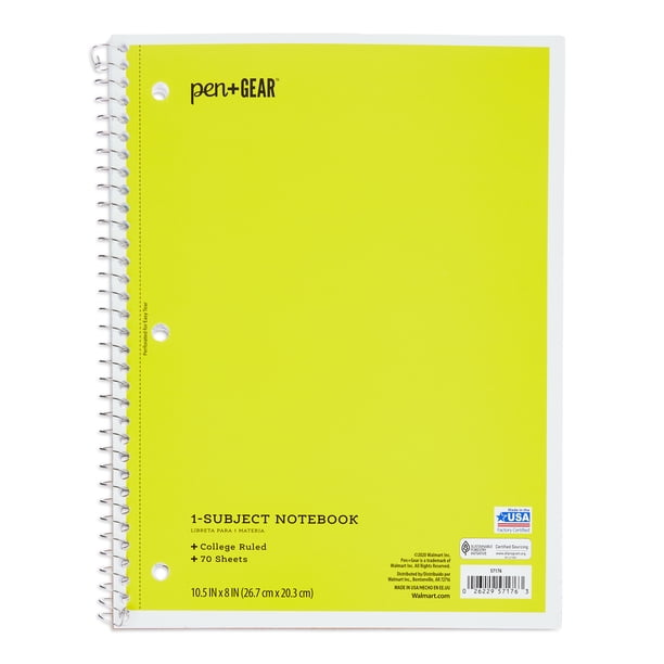 Pen+Gear College Rule 1-Subject Notebook, 10.5" x 8", Yellow, 70 Sheets ...