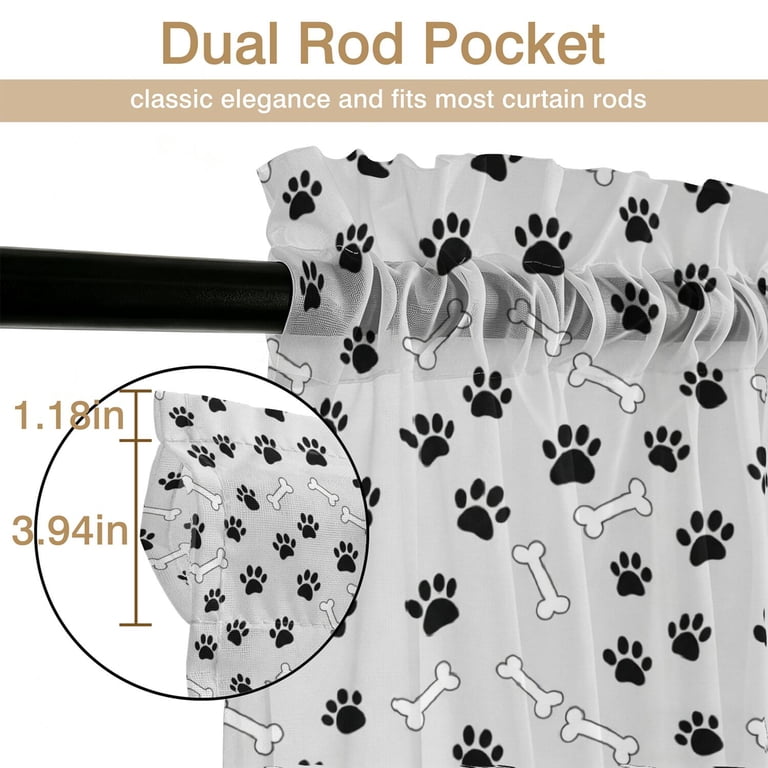 Dog Paw Print and Bone White Pattern Sheer Curtains, Voile Drapes with ...