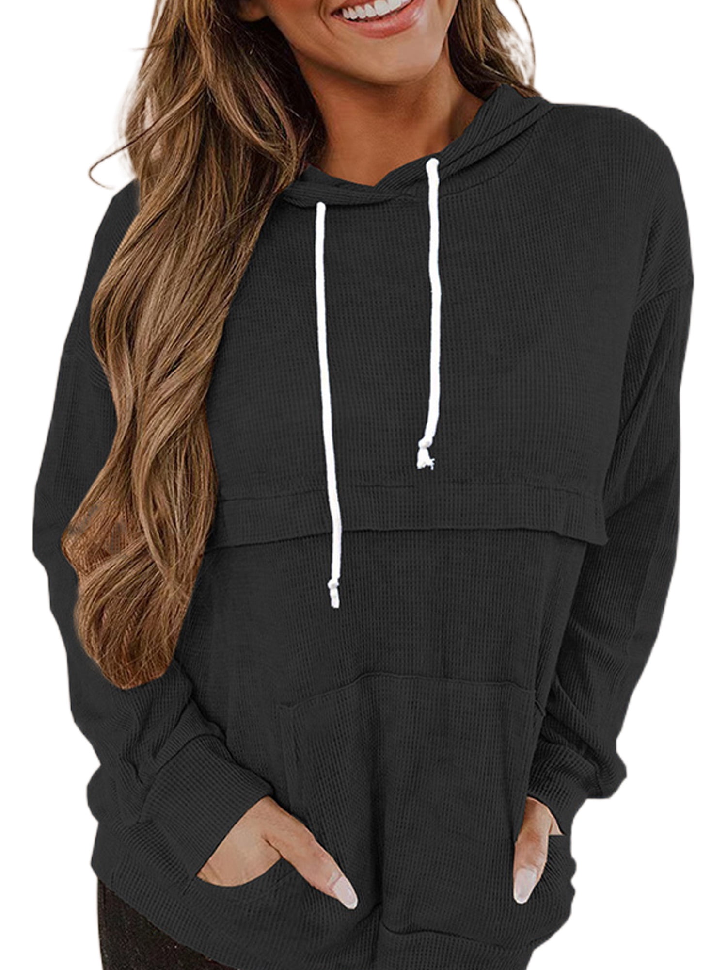 Wrcnote Ladies Long Sleeve Drawstring Hoodies Loose Fit Sport Solid ...