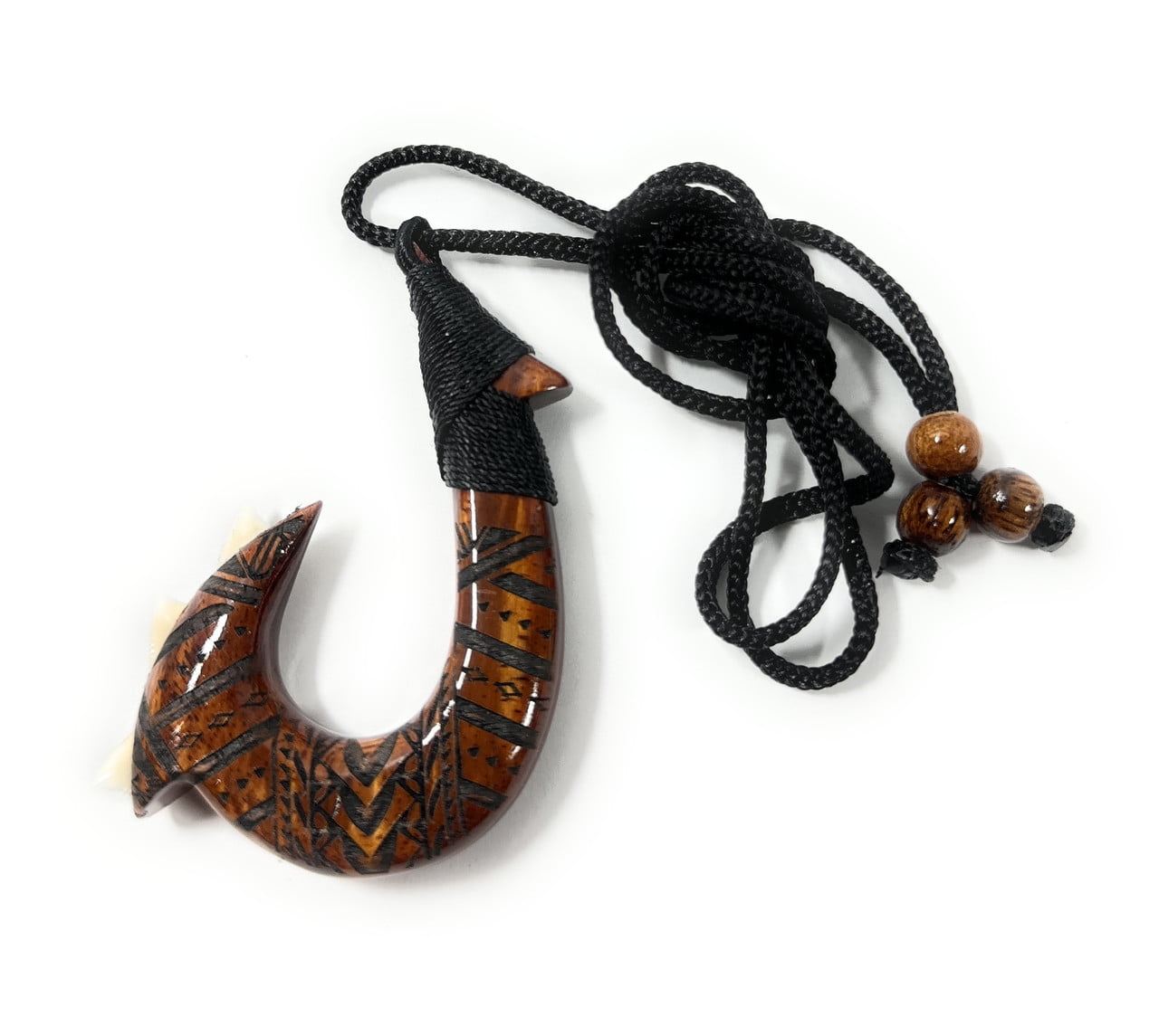 Koa Fish Hook 3 inch w/ Shark Teeth & Tattoo Etching Pendant Adjustable ...