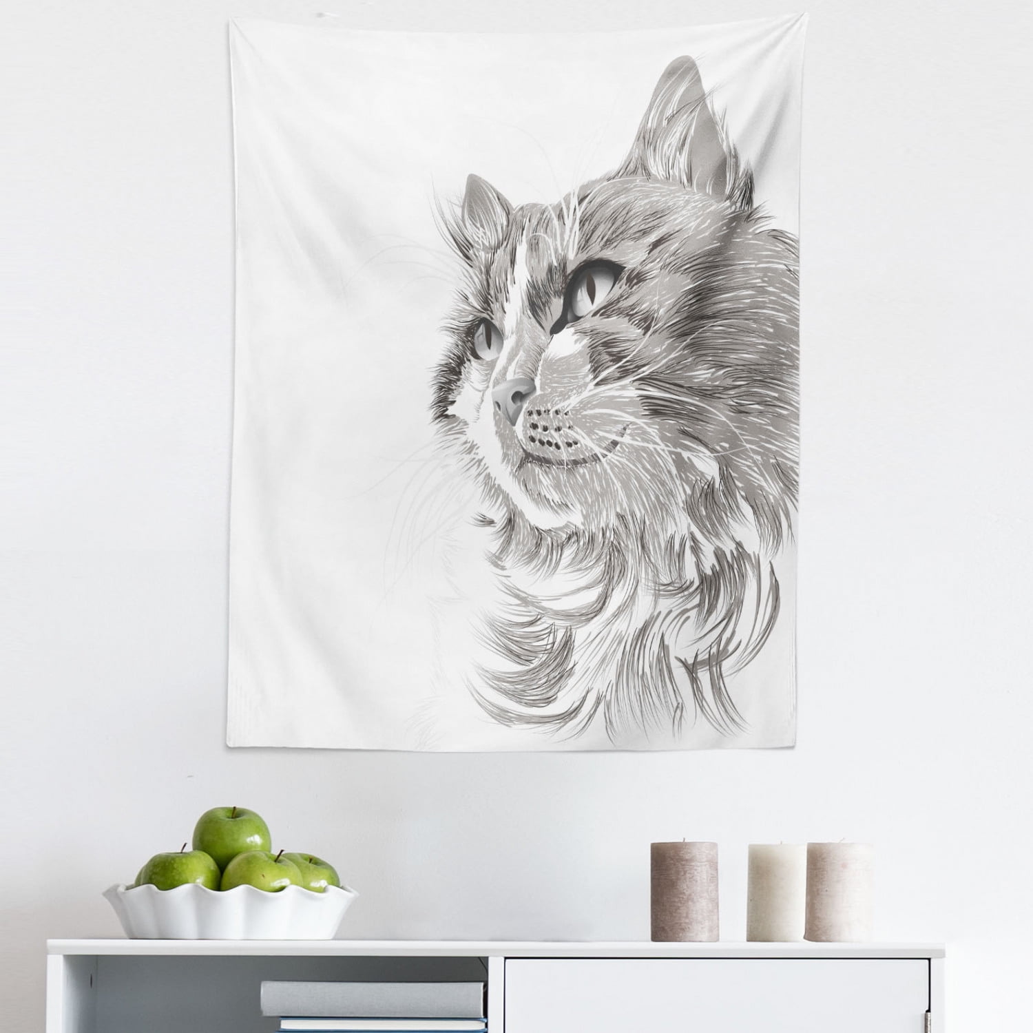 Animal Tapestry, Cat Head Portrait Furry Head Kitten Domestic Meow Pet ...