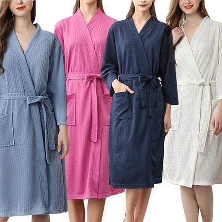 Women Water Absorption Bath Robe Solid Waffle Bathrobe Spa Home Dress ...