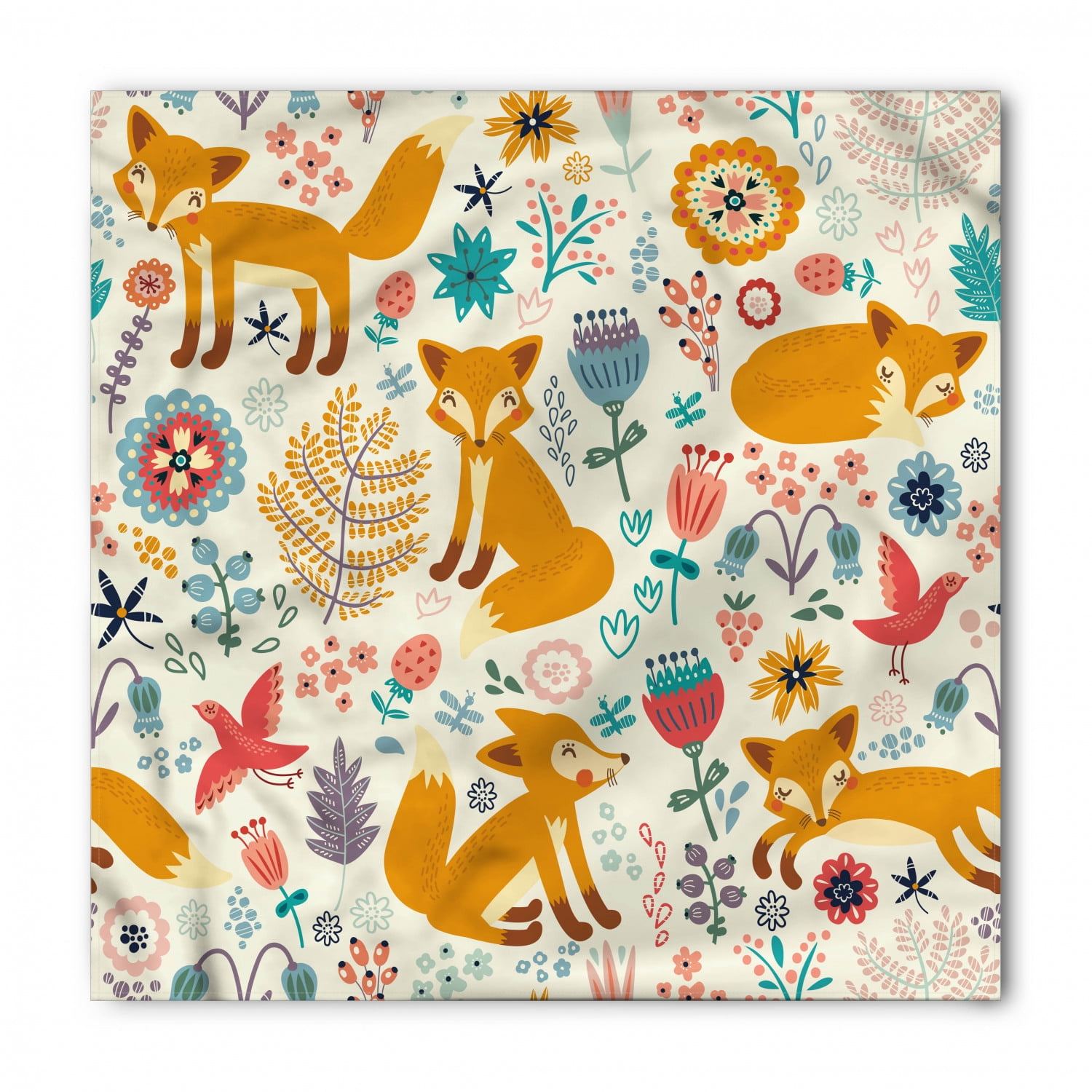 Fox Bandana, Foxes Ornate Flowers Birds, Unisex Head and Neck Tie, by ...