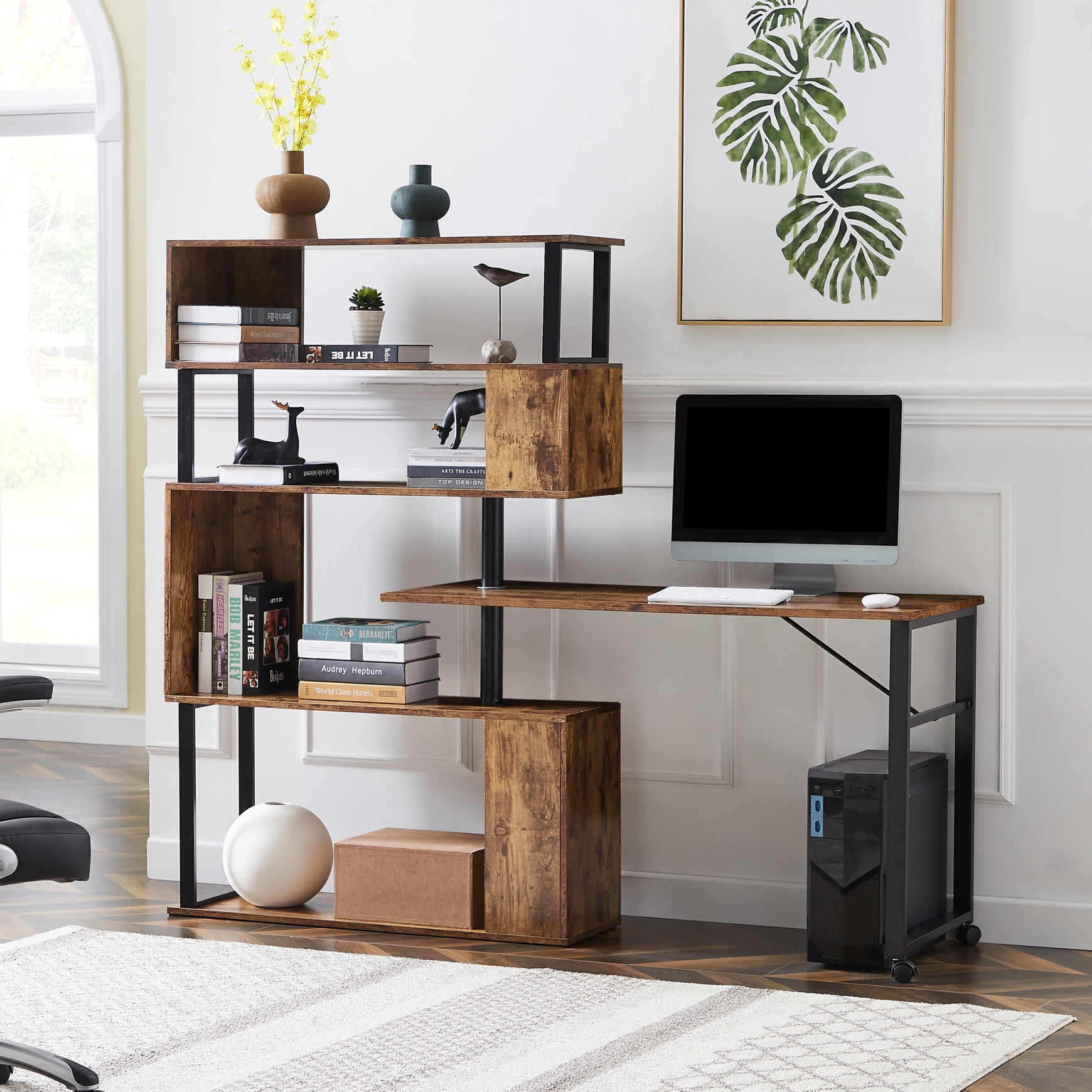L-Shaped Corner Table with 5-Tier Bookshelf and Strong Steel Frame ...