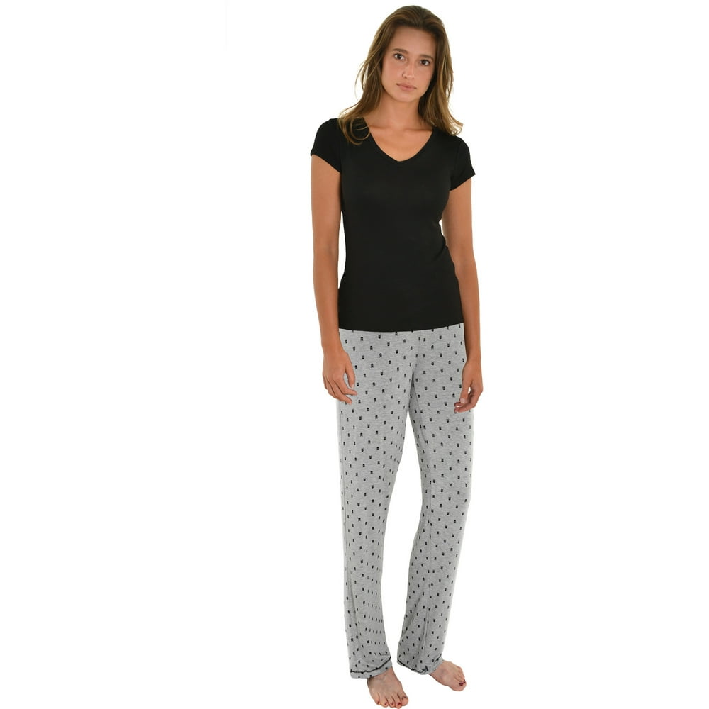 Int Intimate Womens Pajama Set Black T Shirt Skull Print Pj Pants 2