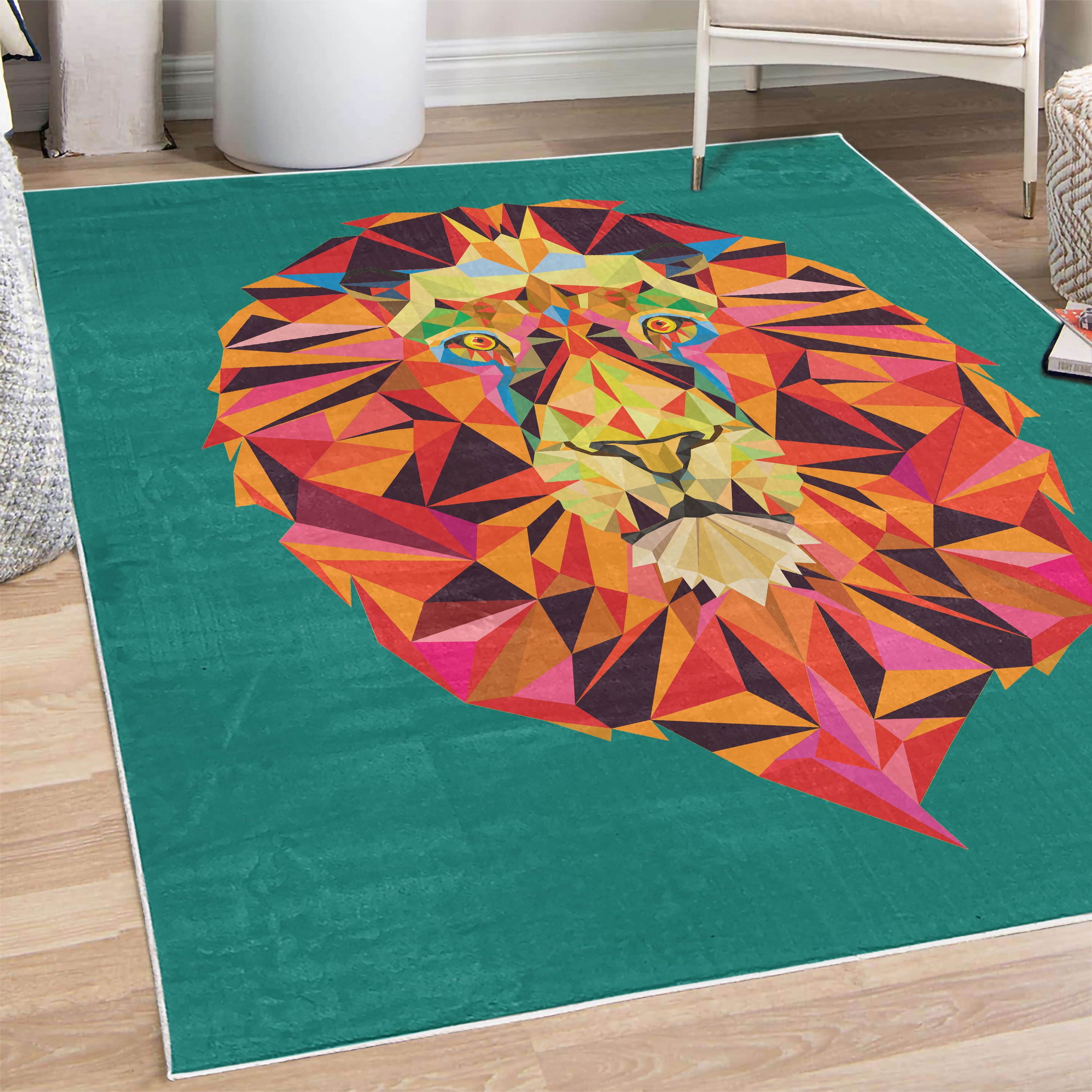 Zoo Decorative Rug, Colorful Animals Geometric Diamond Face Lions Mane ...
