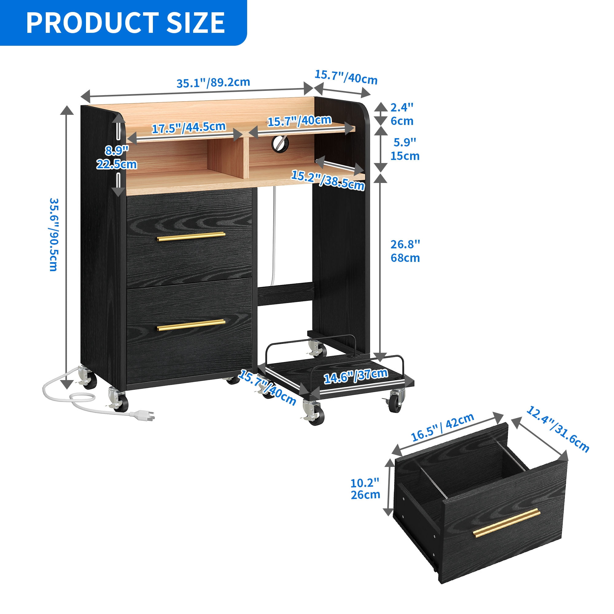MDF File Cabinet With Casters 2-Drawer File Cabinet With Charging ...