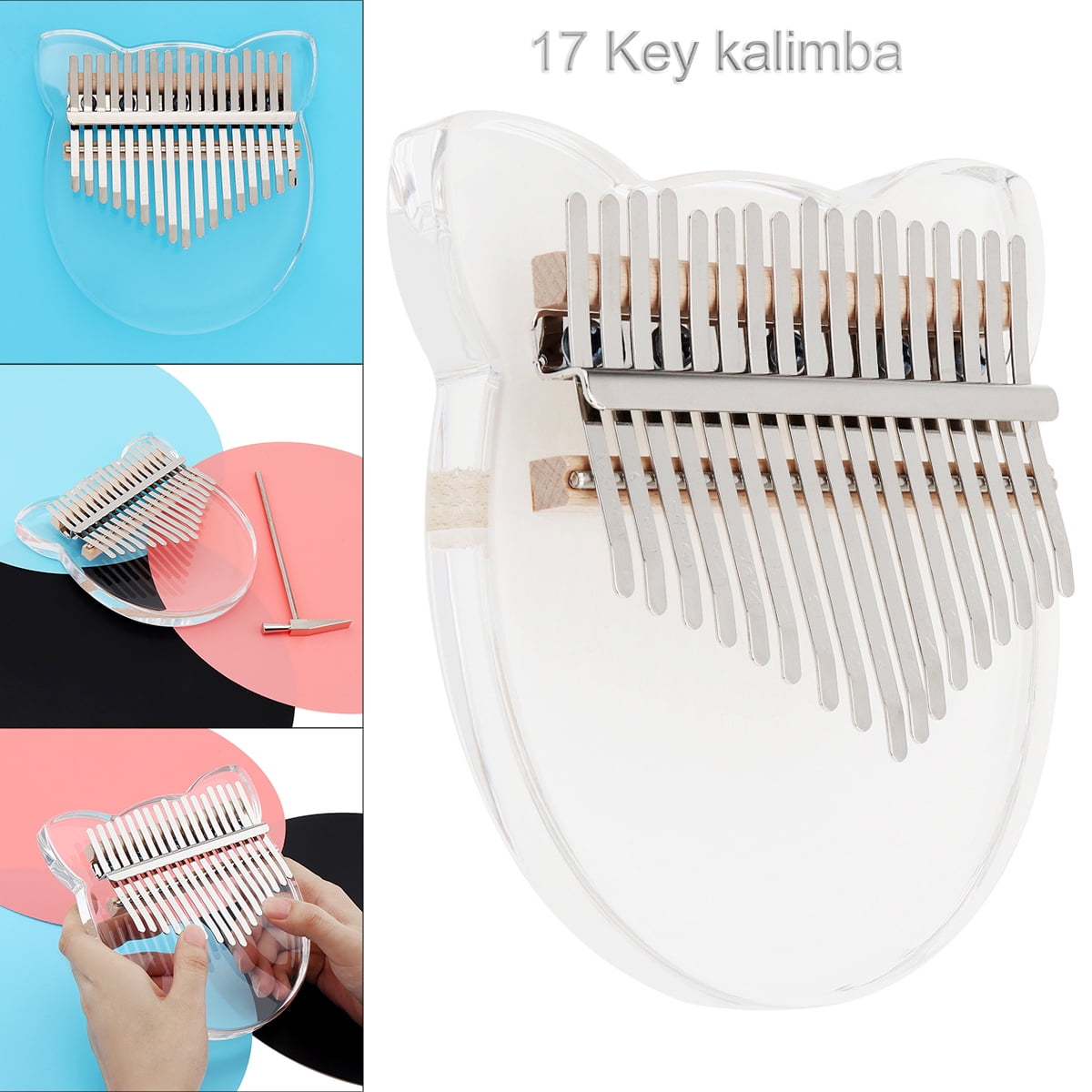 17 Key Kalimba Crystal Transparent Kitten Face Shape Thumb Piano Mbira ...