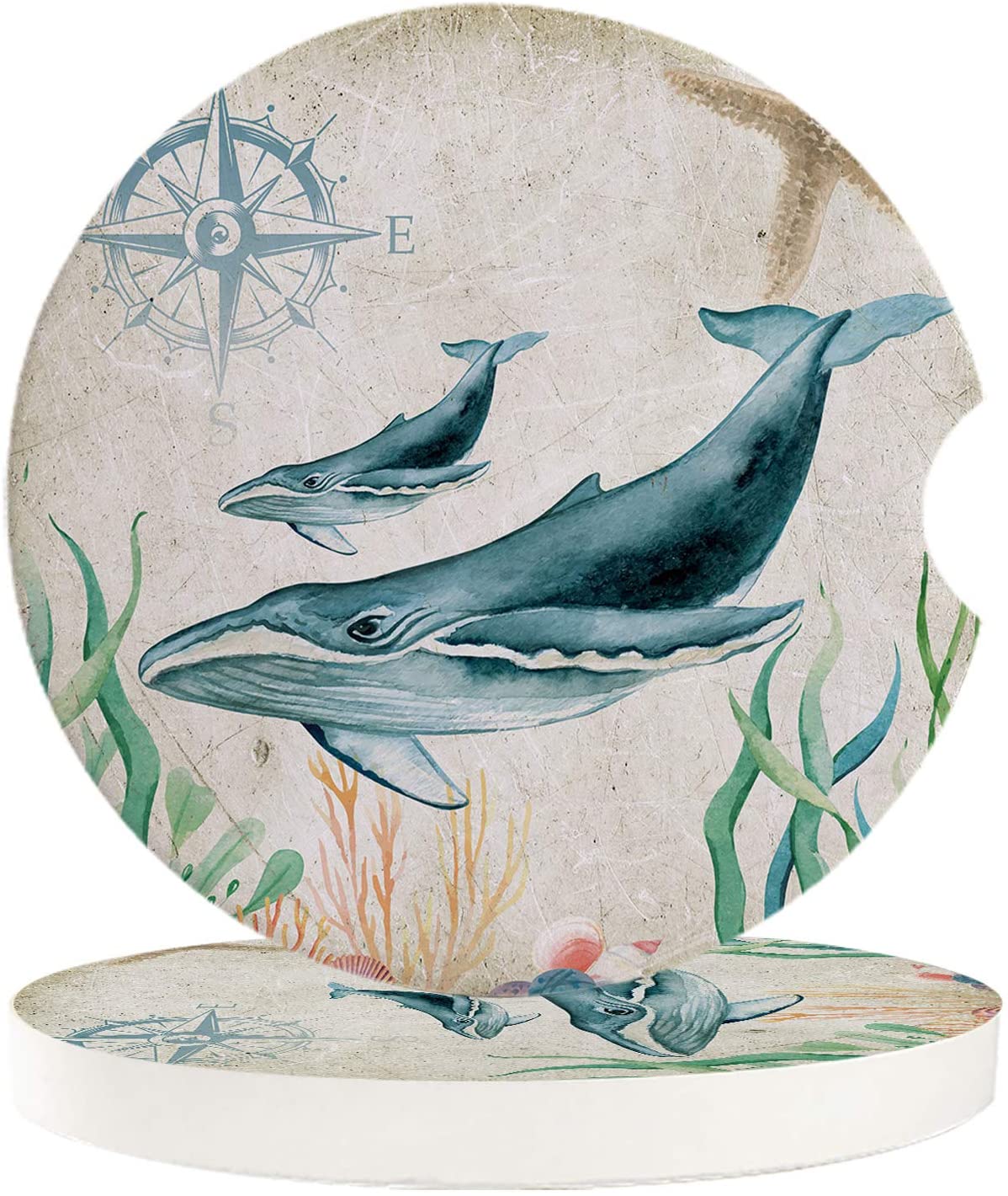 FMSHPON Ocean Theme Whale Retro Set of 6 Car Coaster for Drinks ...