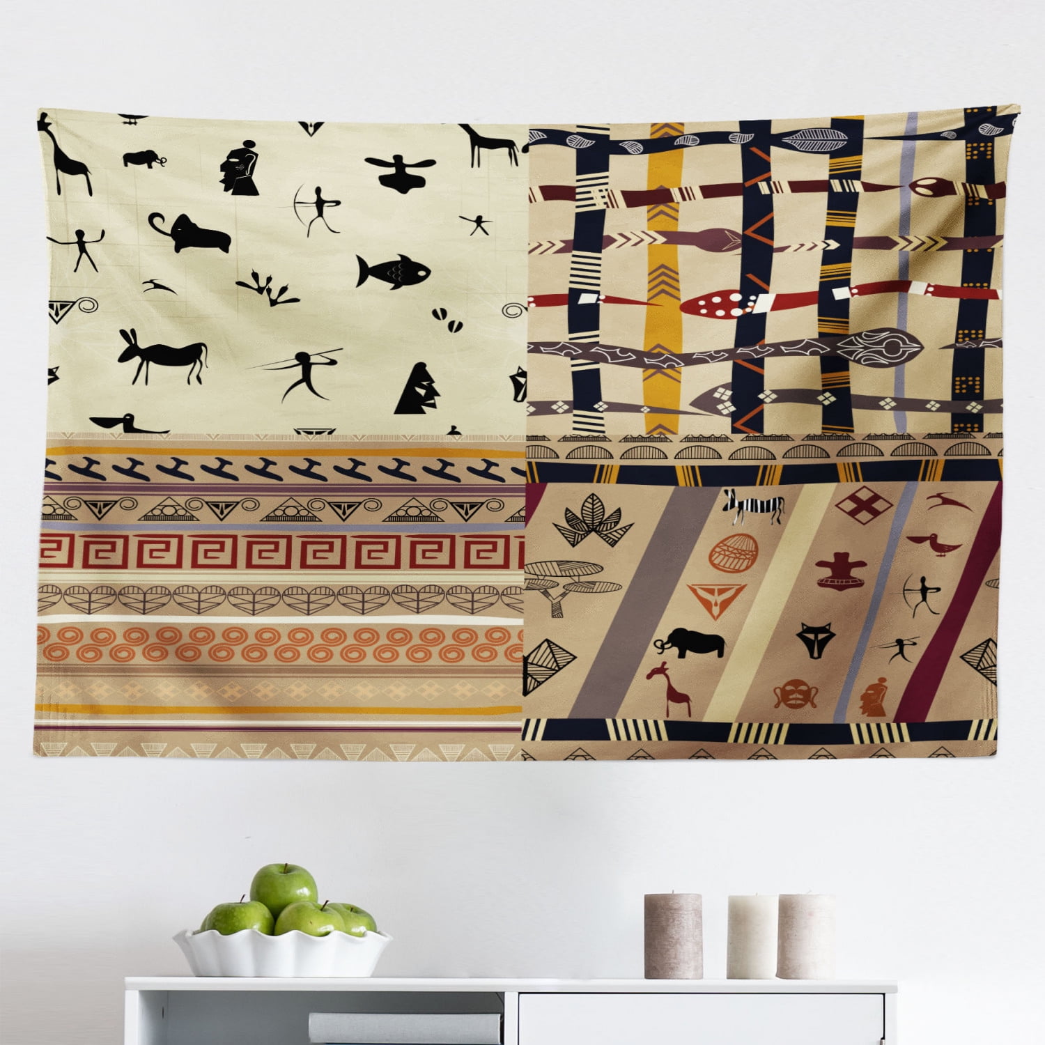 Prehistoric Tapestry, Cartoon Dancing Natives Wearing Tribal Print ...