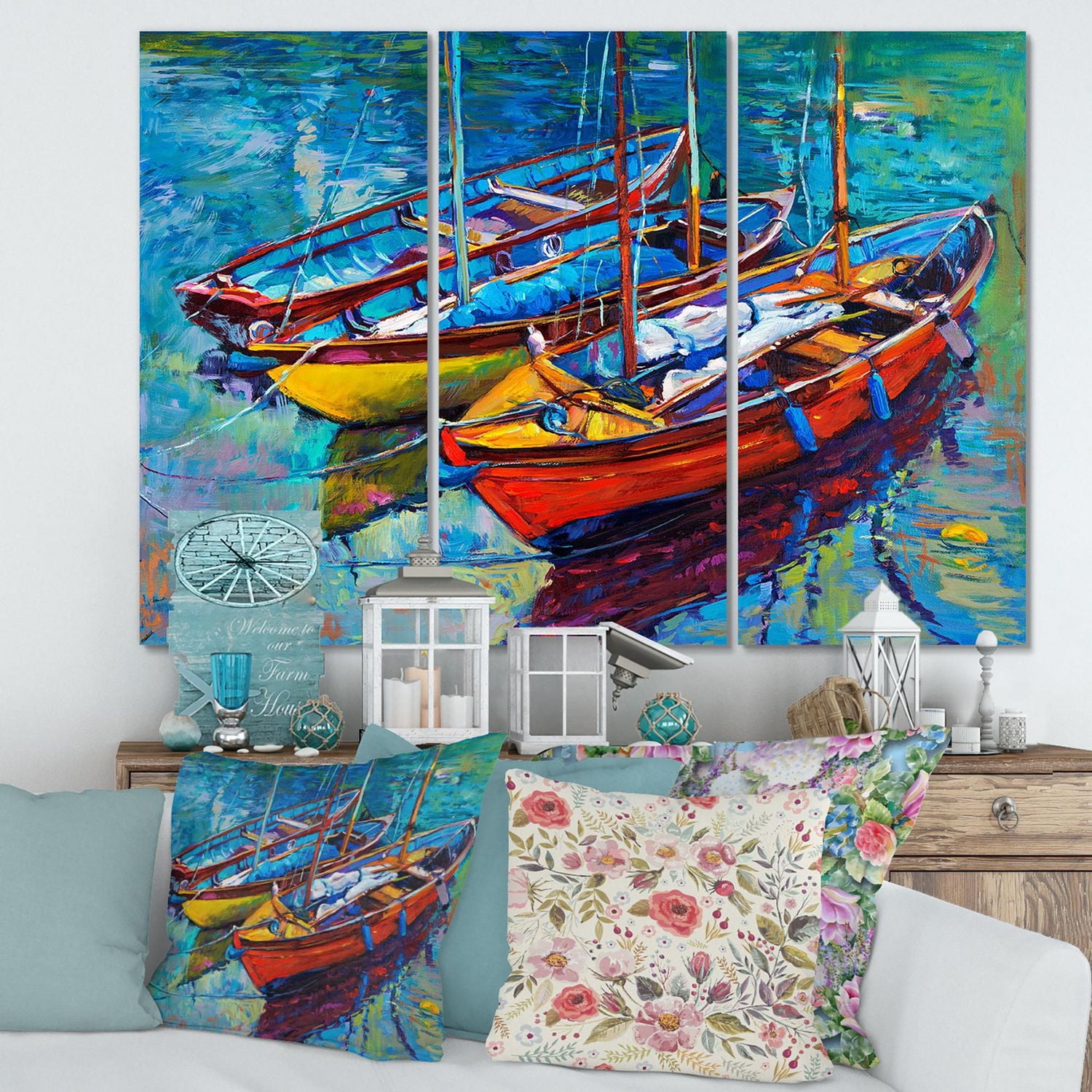 Click here for Designart Three Boats In The Harbor Canvas Wall Ar... prices