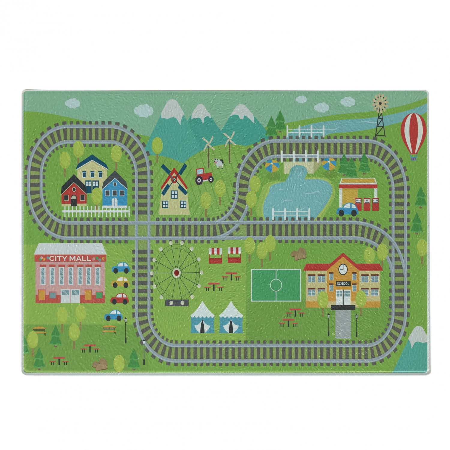 Cartoon Activity Cutting Board, Train Tracks Colorful Town City Mall ...
