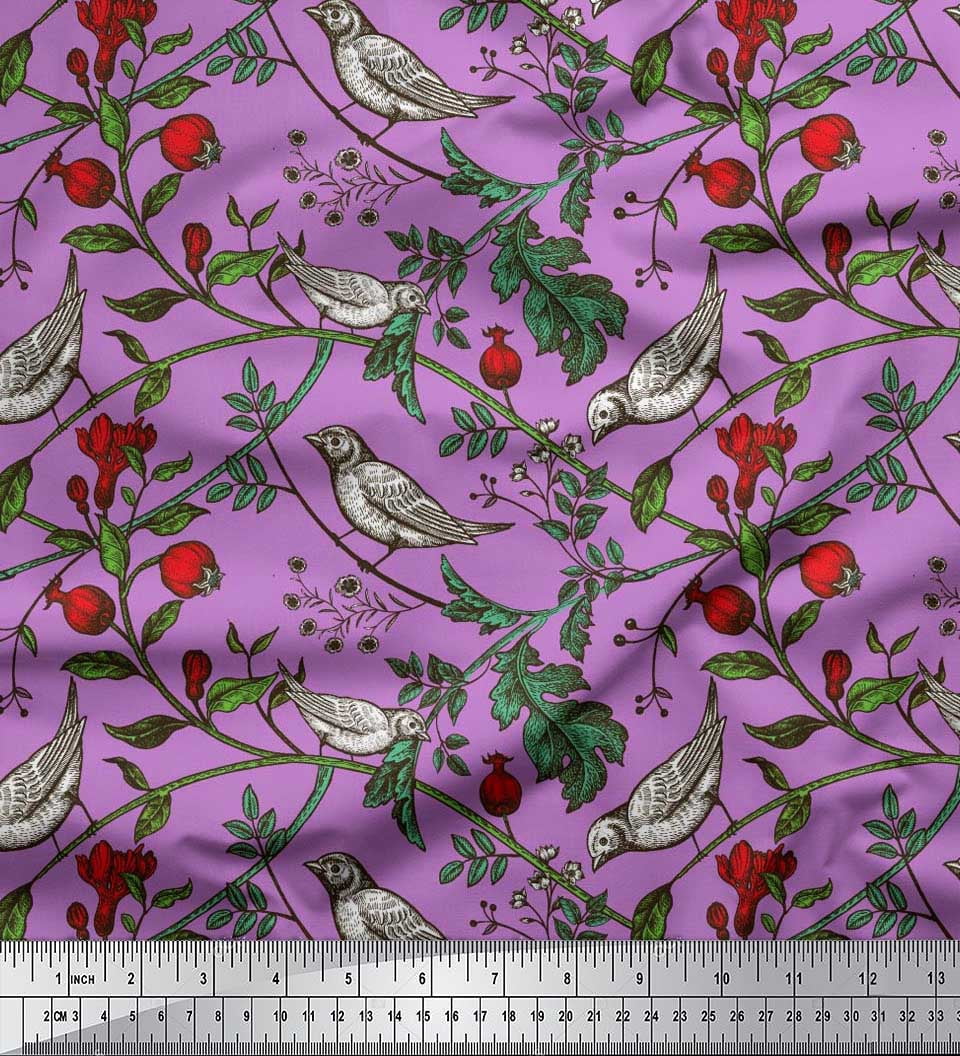 Soimoi Satin Silk Fabric Bird & Leaf Bird Print Fabric by the Yard 42 ...