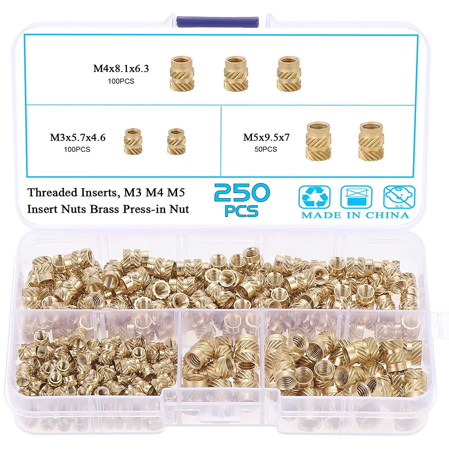 HSEAMALL 250PCS Threaded Insert Knurled Brass Nuts,M3 M4 M5 Insert ...