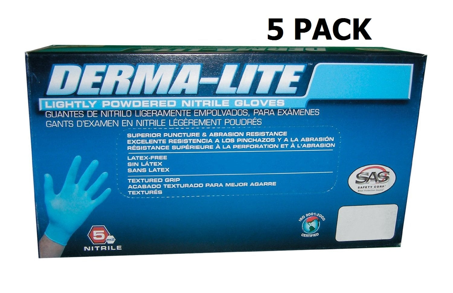 SAS-6609 5 Pack of Derma-lite Lightly Powdered Nitrile Gloves (XL ...