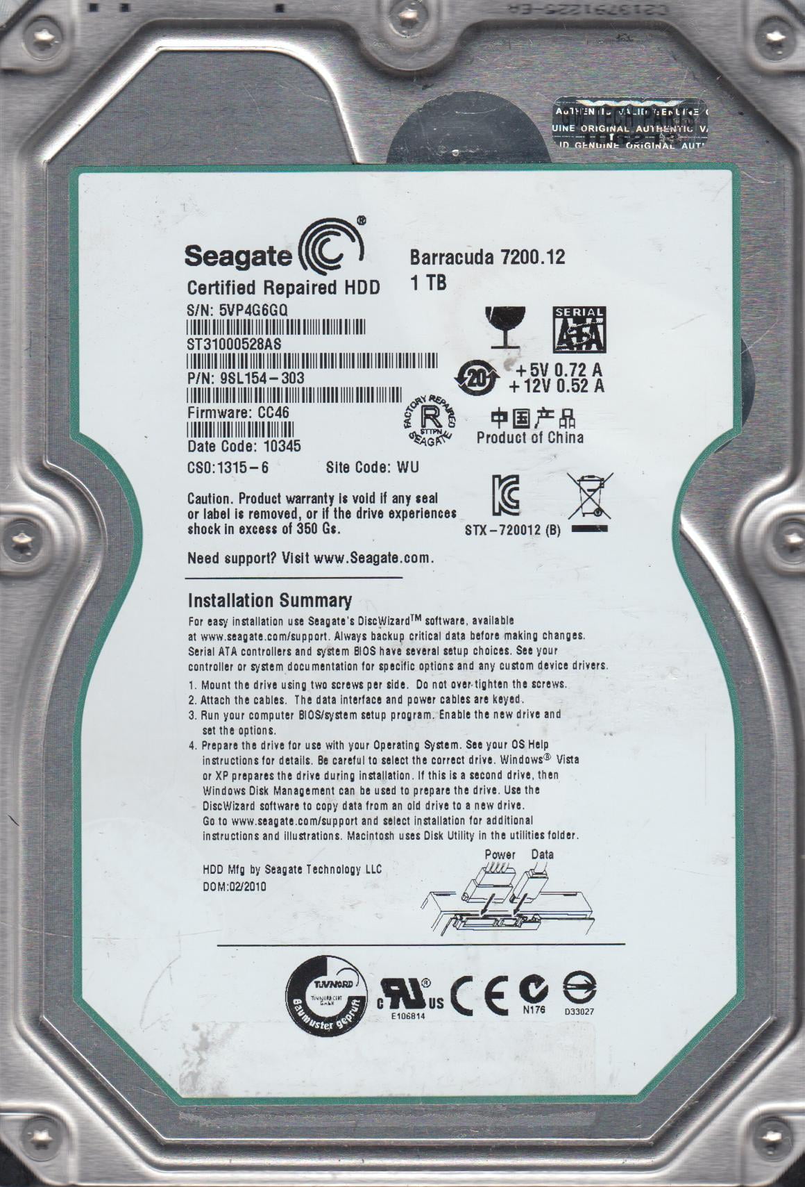 ST31000528AS, 5VP, WU, PN 9SL154-303, FW CC46, Seagate 1TB SATA 3.5 ...
