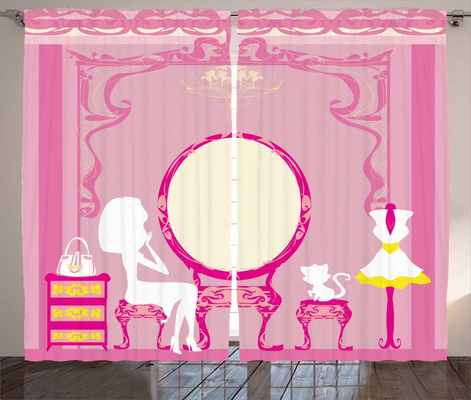 Girly Decor Curtains 2 Panels Set, Lady French Cosmetic Make-Up Mirror ...