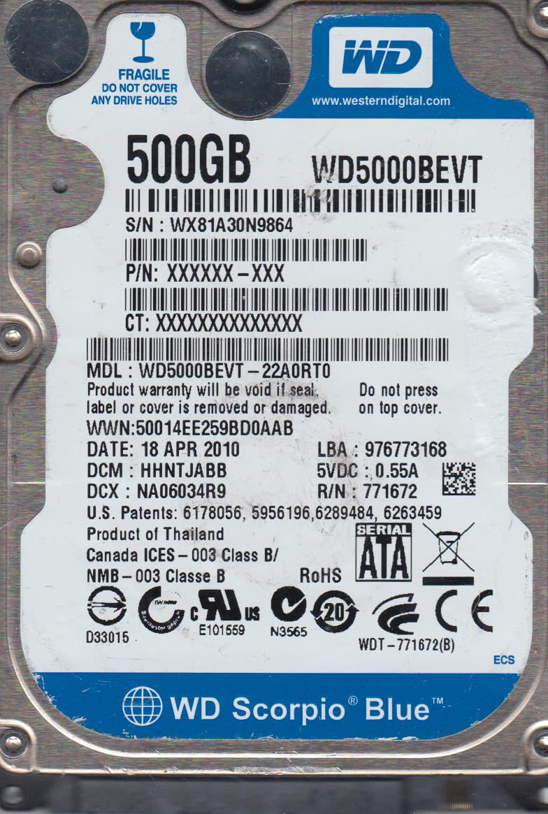 WD5000BEVT-22A0RT0, DCM HHNTJABB, Western Digital 500GB SATA 2.5 Hard ...
