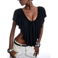 Black Ruffle Asymmetric Hem Crop Top With Deep V-Neck And Short Flutter ...