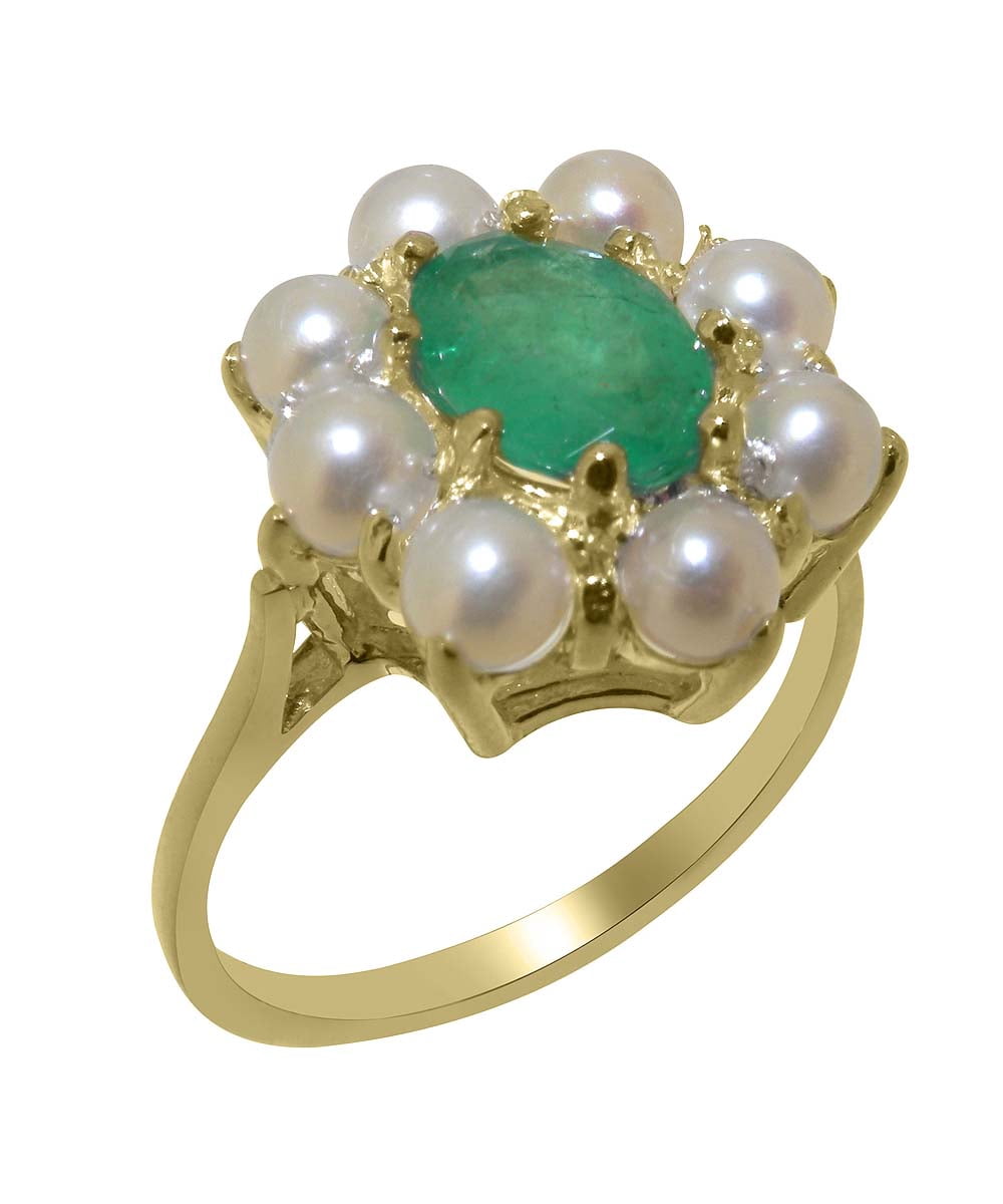 LBG British Made 10k Yellow Gold Natural Emerald & Cultured Pearl ...