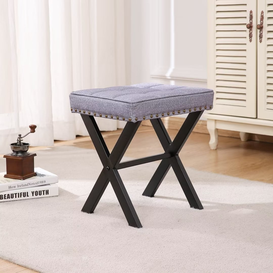 17.5" Tall Small Bench, Ottoman Footstool Seat with X-Shaped Metal Legs ...
