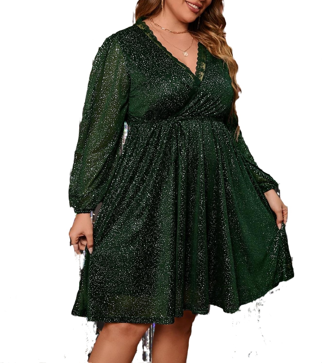 Dark Green Party Plain V neck A Line Long Sleeve Plus Size Dresses ...